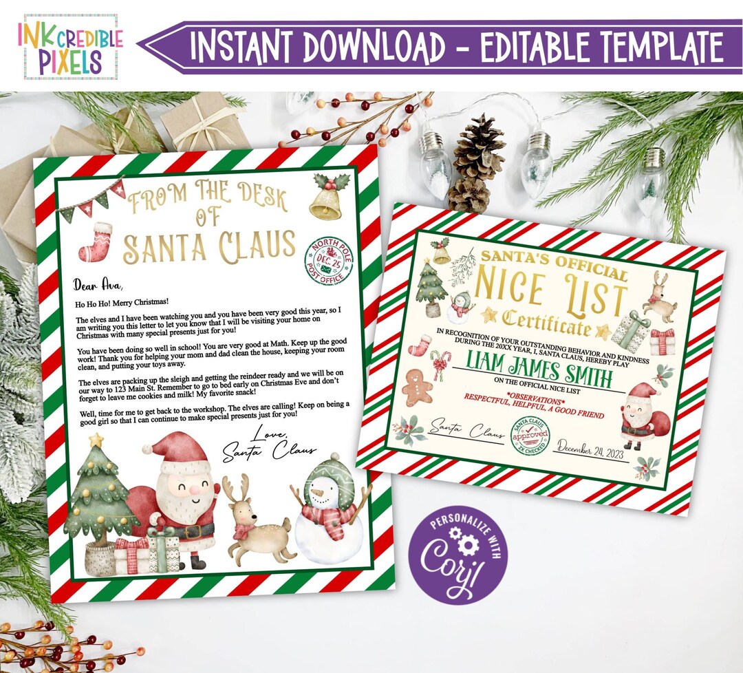Editable Bundle Letter From Santa and Nice List Certificate - Etsy