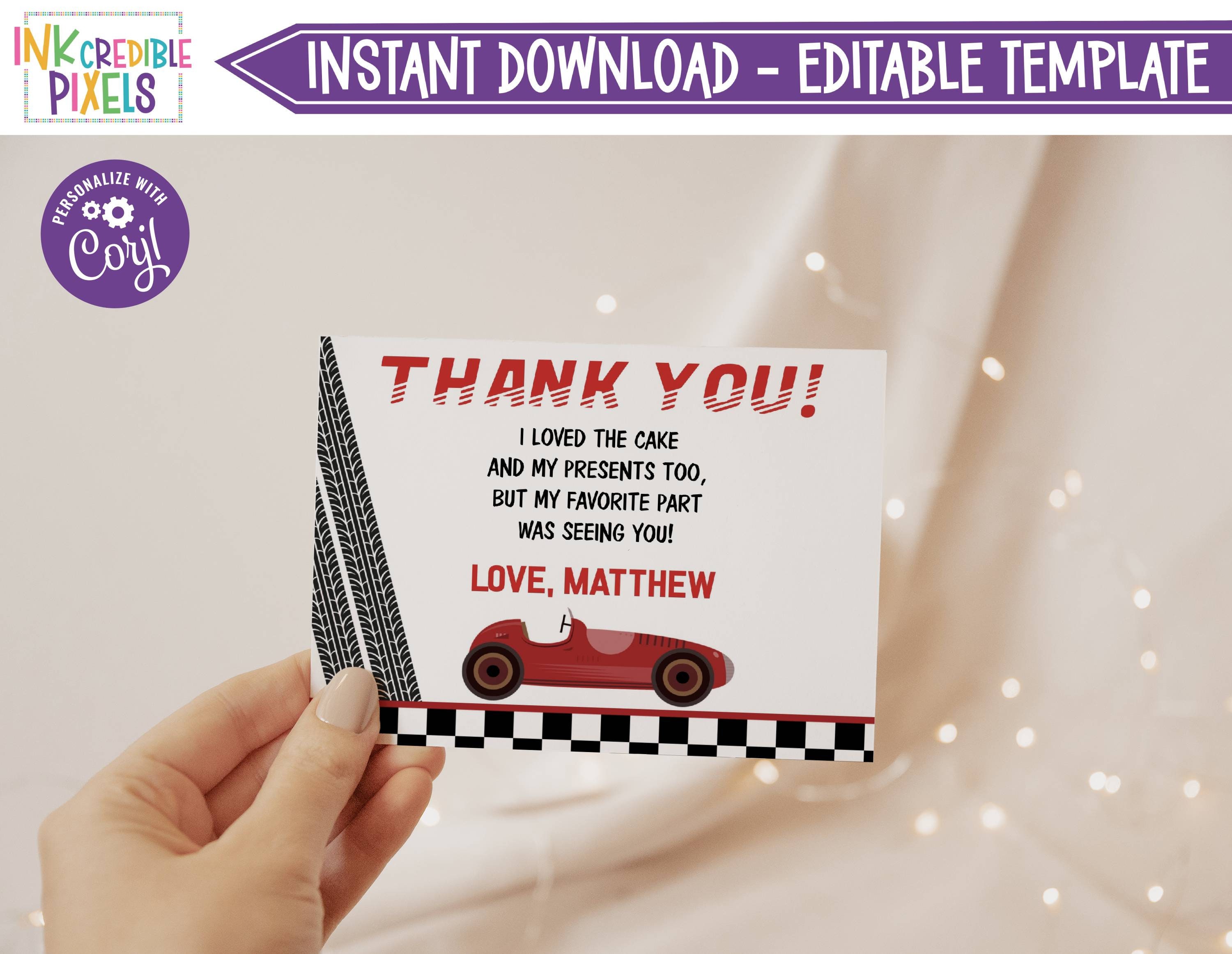 Printable Race Car Thank You Card, Vintage Car Thank You Note, Racing ...