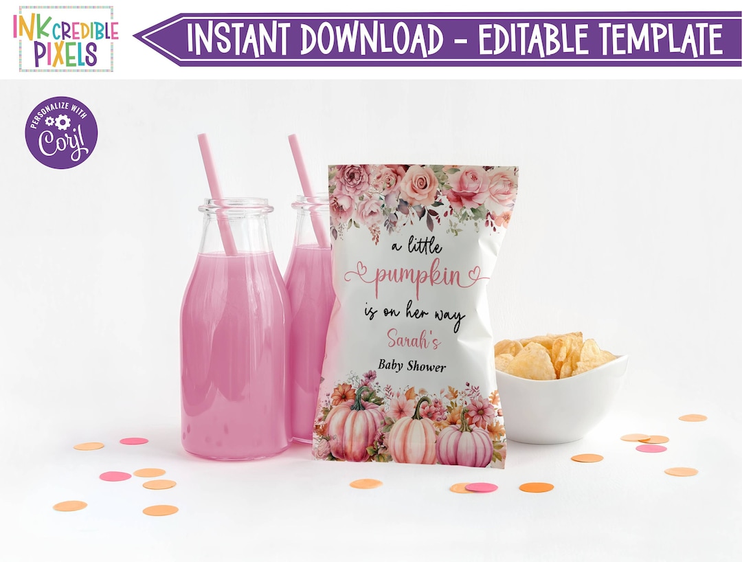 Editable Pink Pumpkin Chip Bag Wrapper, Pumpkin Baby Shower Chip Bag ...