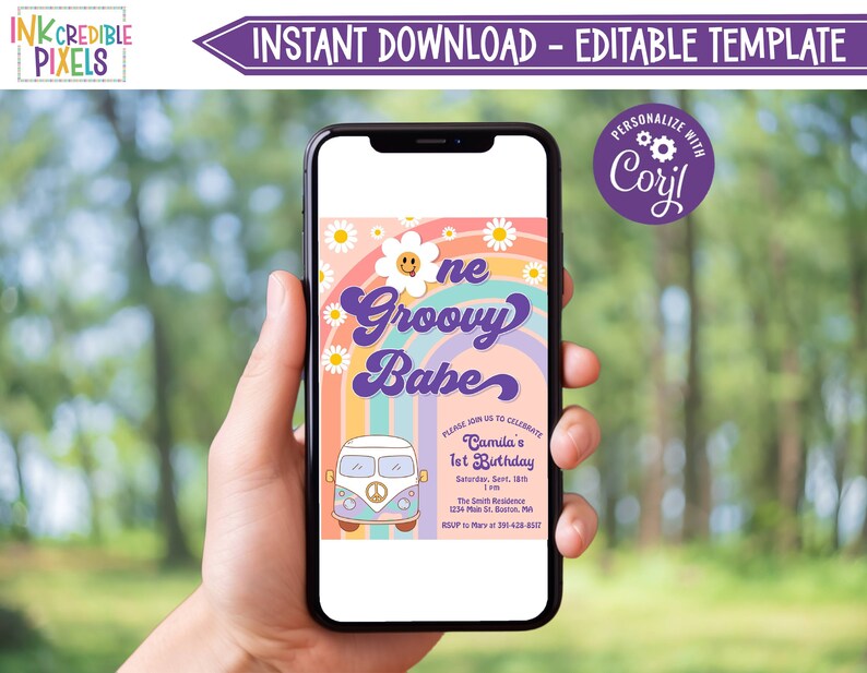 Printable ONE Groovy Babe 1st Birthday Party Invitation, Editable Retro ...