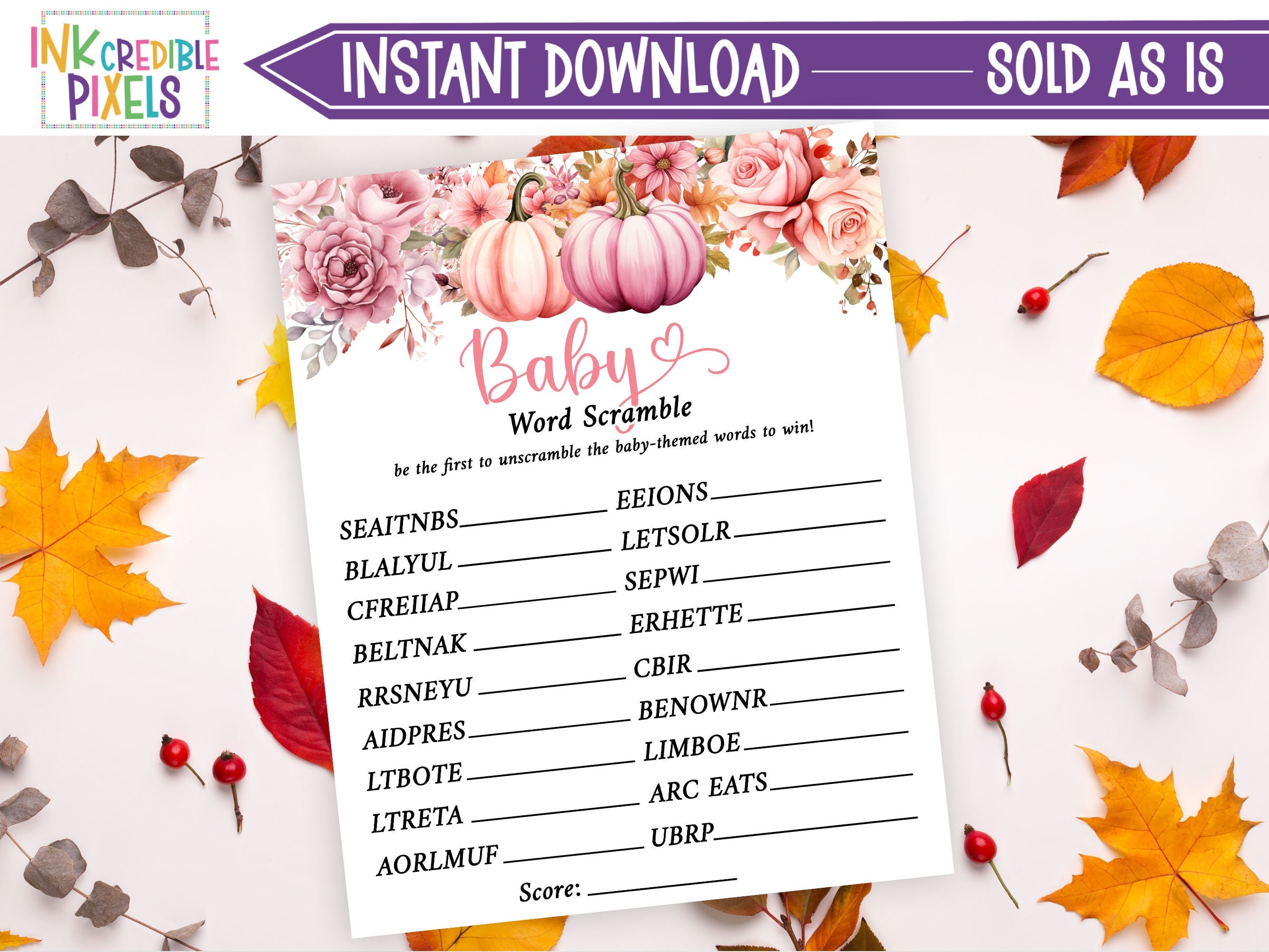 Printable Pink Pumpkin Baby Shower Game, Fall Baby Shower Word Scramble ...