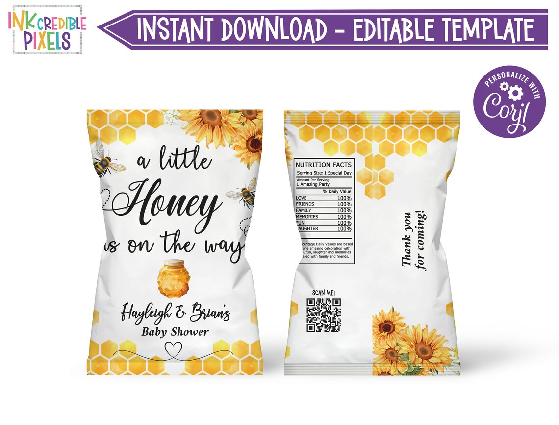 Editable Bee Chip Bag Wrapper, Bee Baby Shower Chip Bag Wrapper, Snack ...