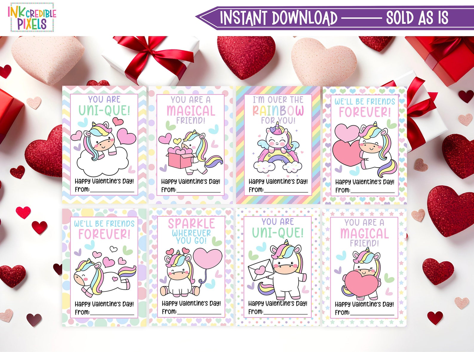 Printable Unicorn Valentine's Day Cards, Valentine's Day Gift Tags ...