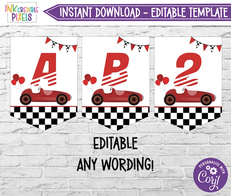 Editable Two Fast Happy Birthday Banner, Race Car Birthday Bunting ...