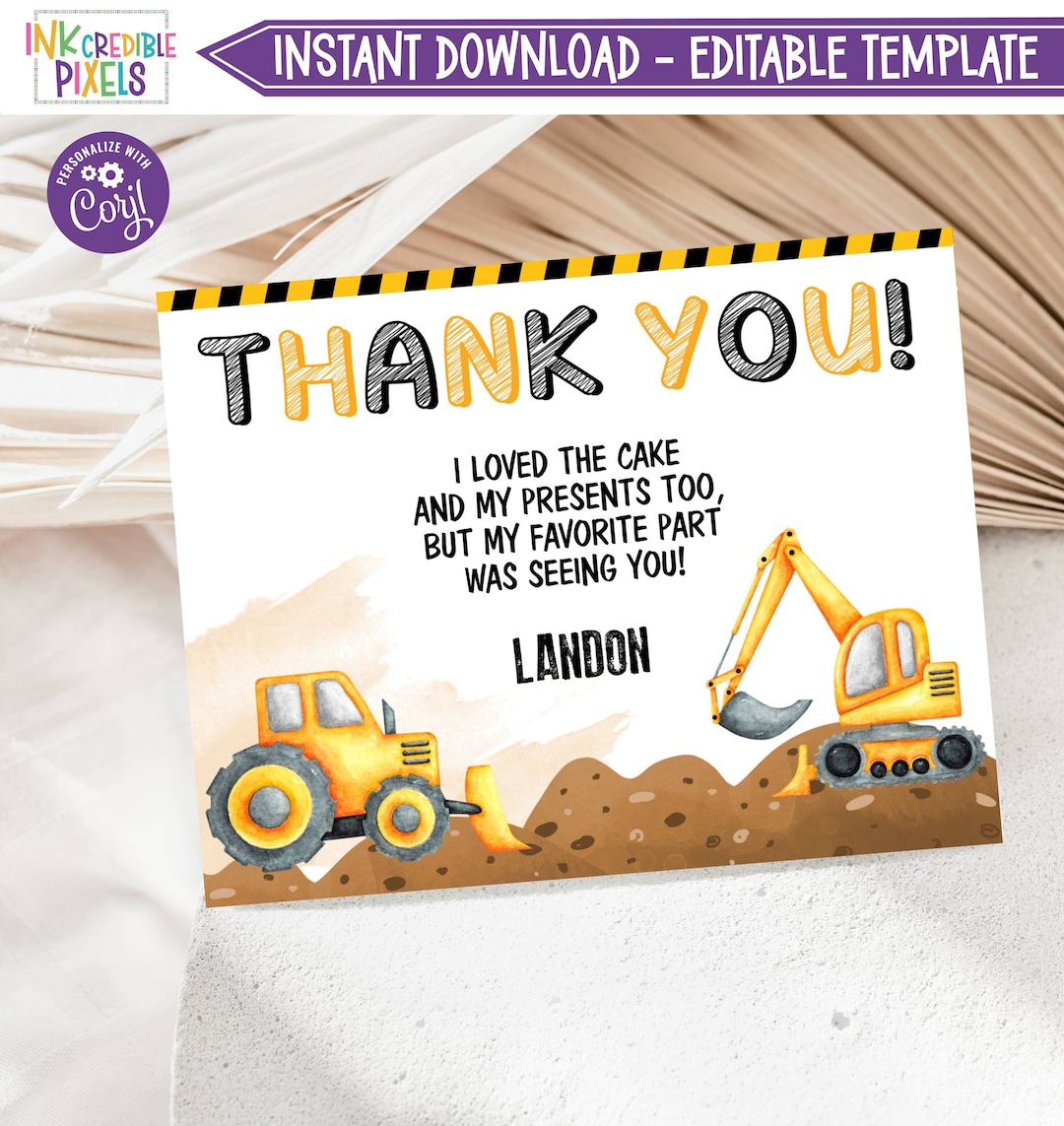 Printable Construction Thank You Card, Construction Birthday Thank You ...