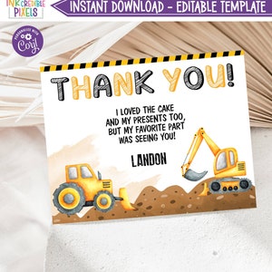 Printable Construction Thank You Card, Construction Birthday Thank You ...