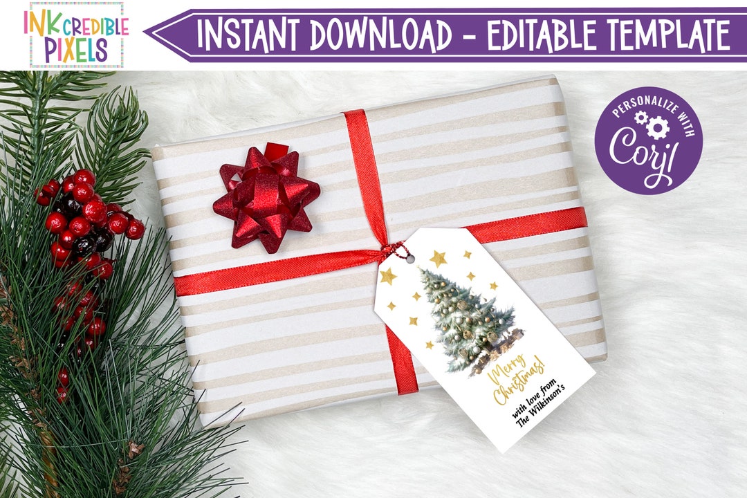 Printable Merry Christmas Gift Tag, Gold Christmas Tree Tag, Christmas ...