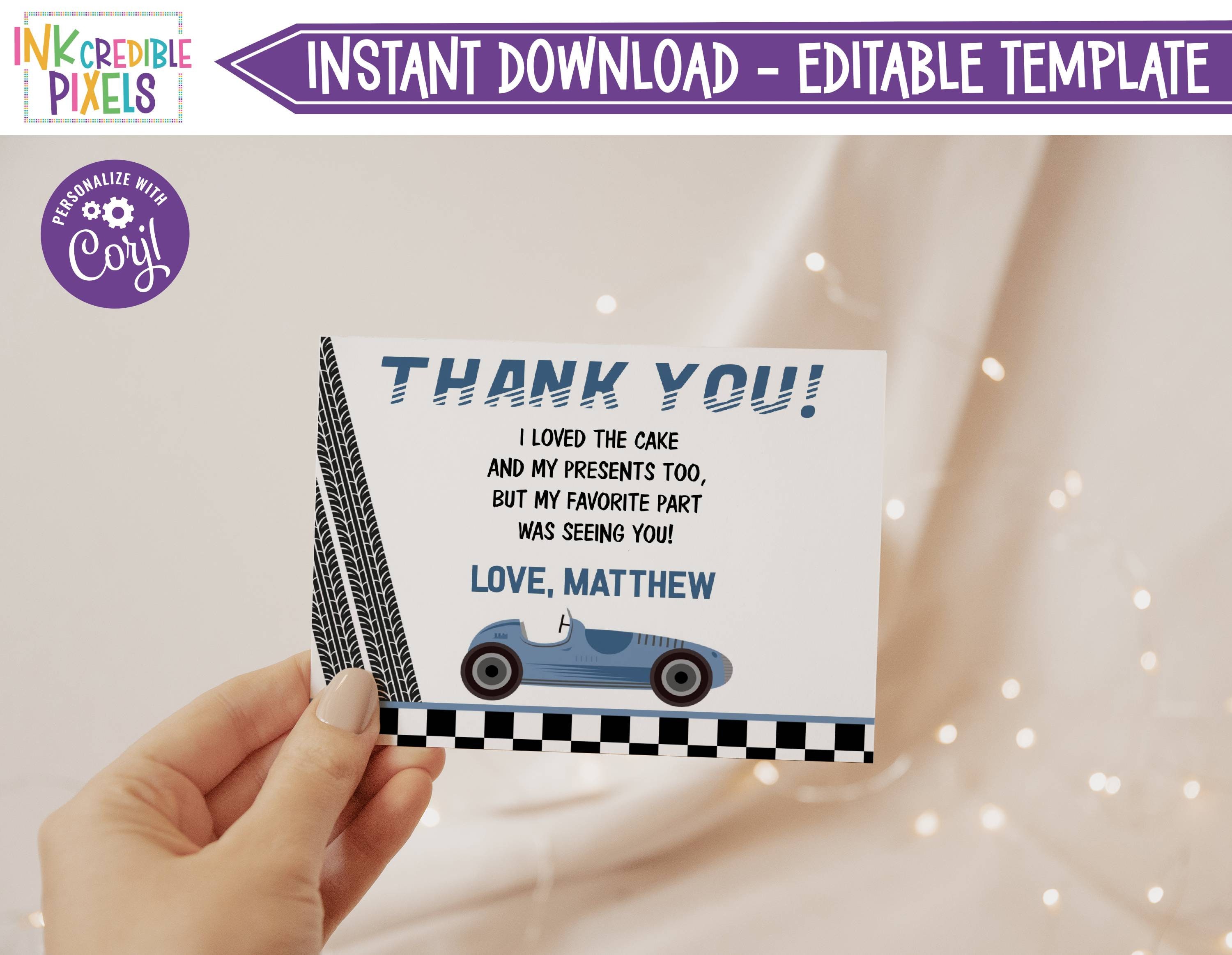 Printable Blue Race Car Thank You Card, Vintage Car Thank You Note ...
