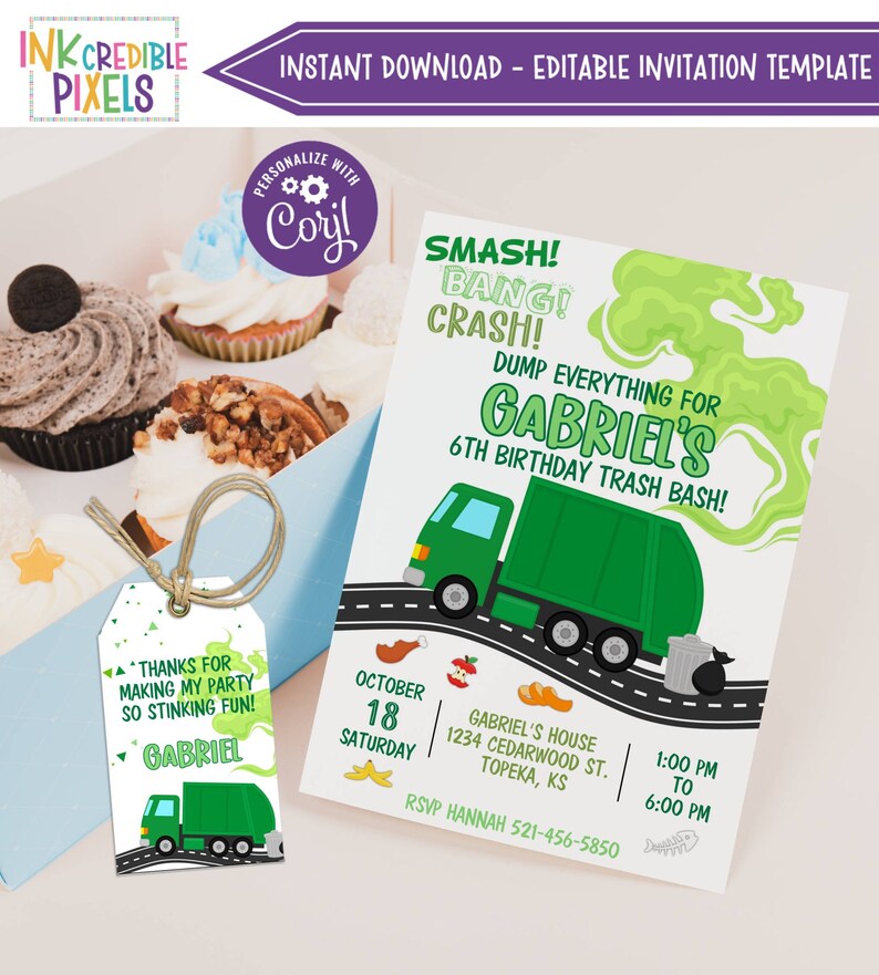 Printable Garbage Truck Invitation, Garbage Birthday Invitation, Trash ...