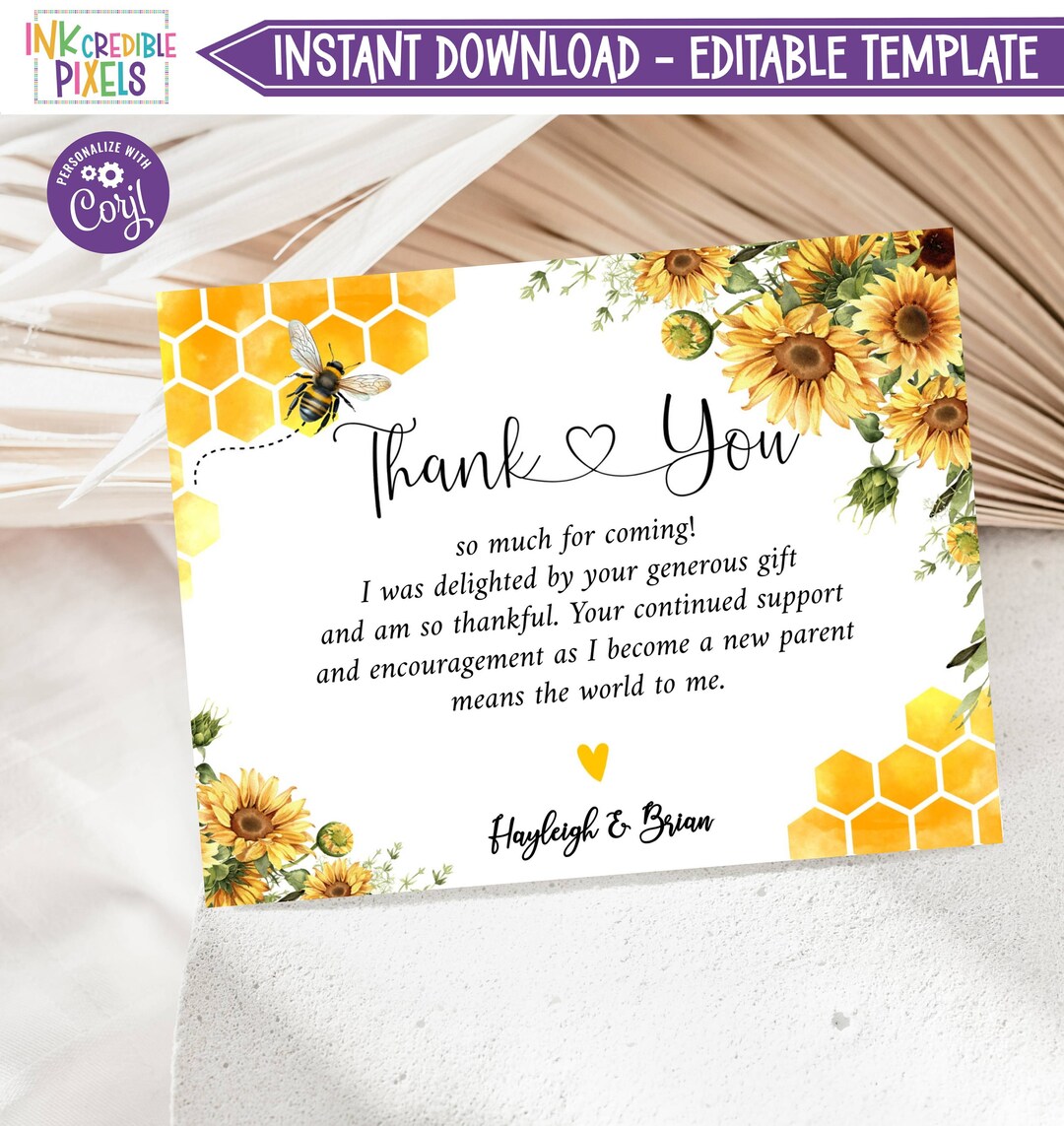 Editable Bee Thank You Card, Bee Thank You Note, Bumblebee Thank You ...