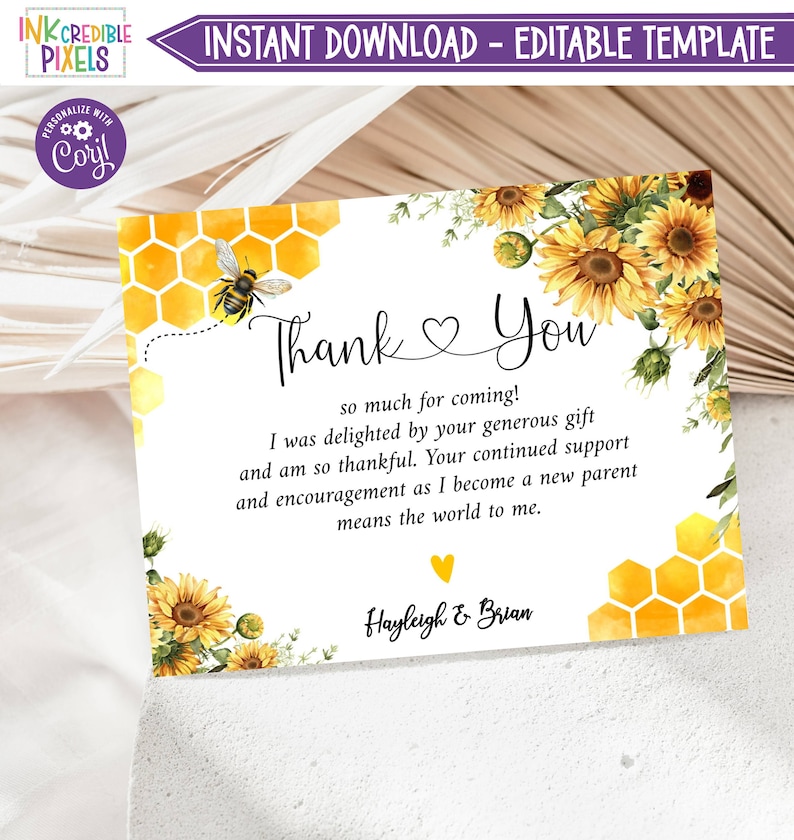 Editable Bee Thank You Card, Bee Thank You Note, Bumblebee Thank You ...