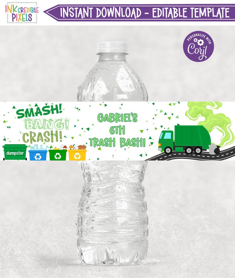 Editable Garbage Truck Water Bottle Label, Garbage Party Trash Bash ...
