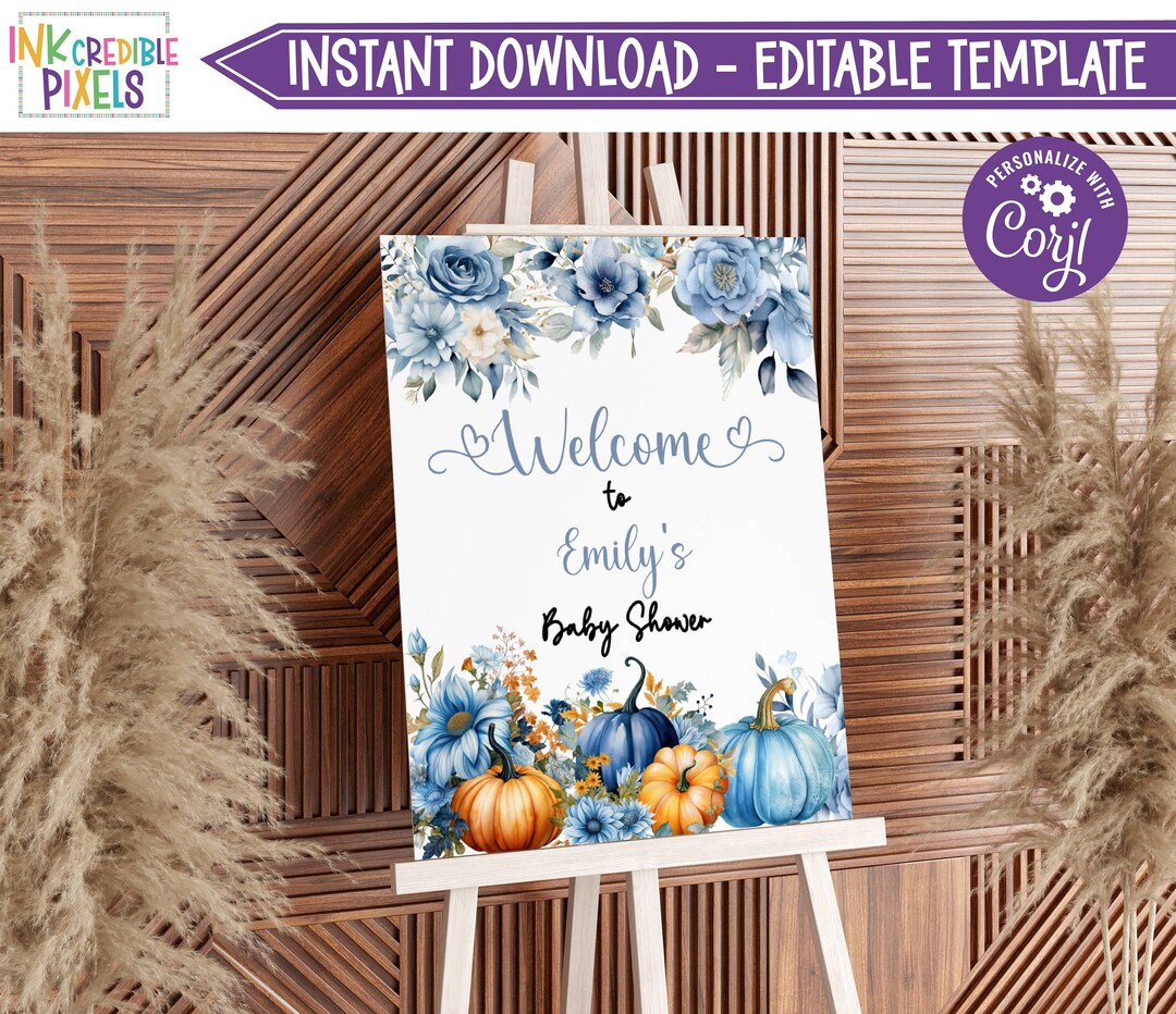 Editable Blue Pumpkin Welcome Sign, Fall Baby Shower Welcome Sign ...
