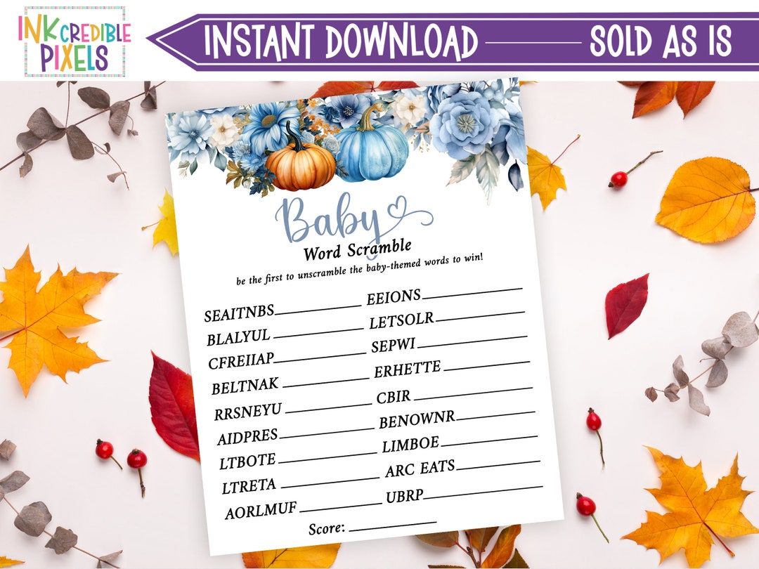 Printable Blue Pumpkin Baby Shower Game, Fall Baby Shower Word Scramble ...