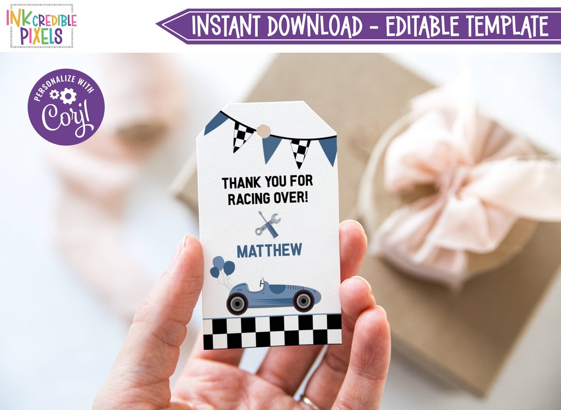 Printable Two Fast Birthday Party Favor Tag, Blue Race Car Favor Tag ...