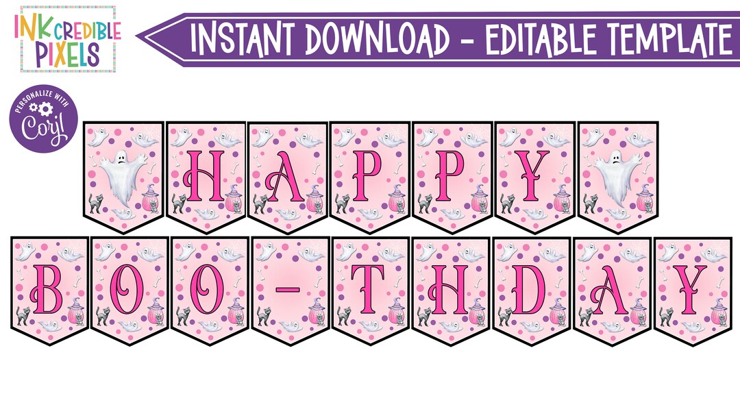 Editable Halloween Spooky One Banner, Happy Birthday Bunting, Pink ...