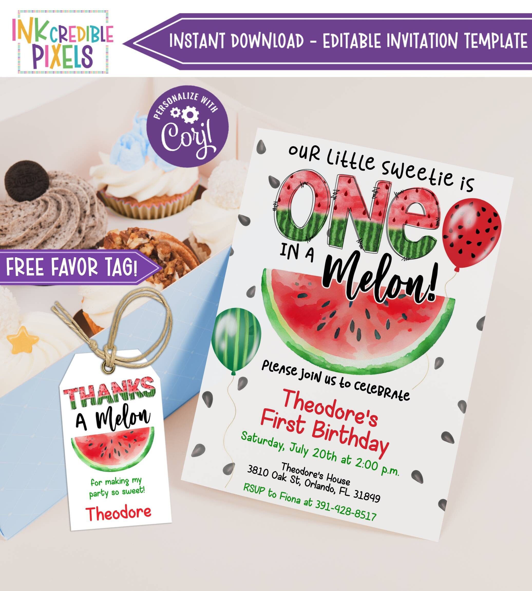 Printable Watermelon Birthday Invitation, One in a Melon 1st Birthday ...