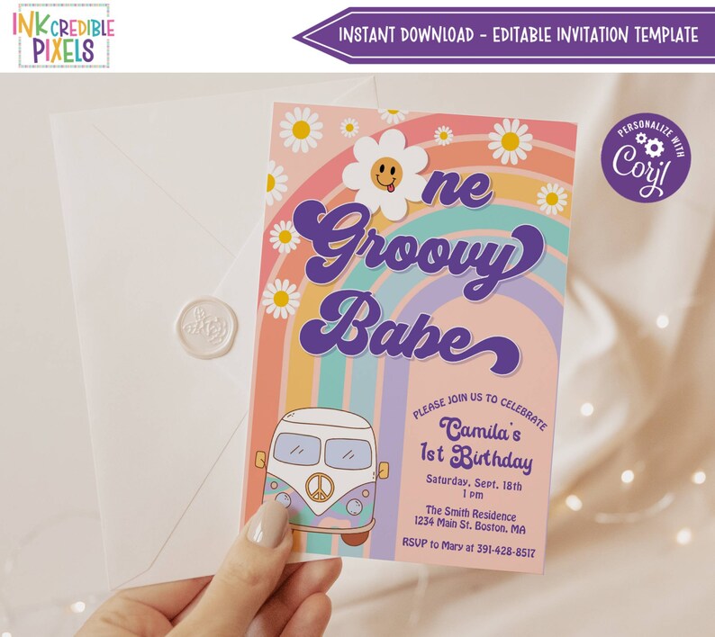 Printable ONE Groovy Babe 1st Birthday Party Invitation, Editable Retro ...