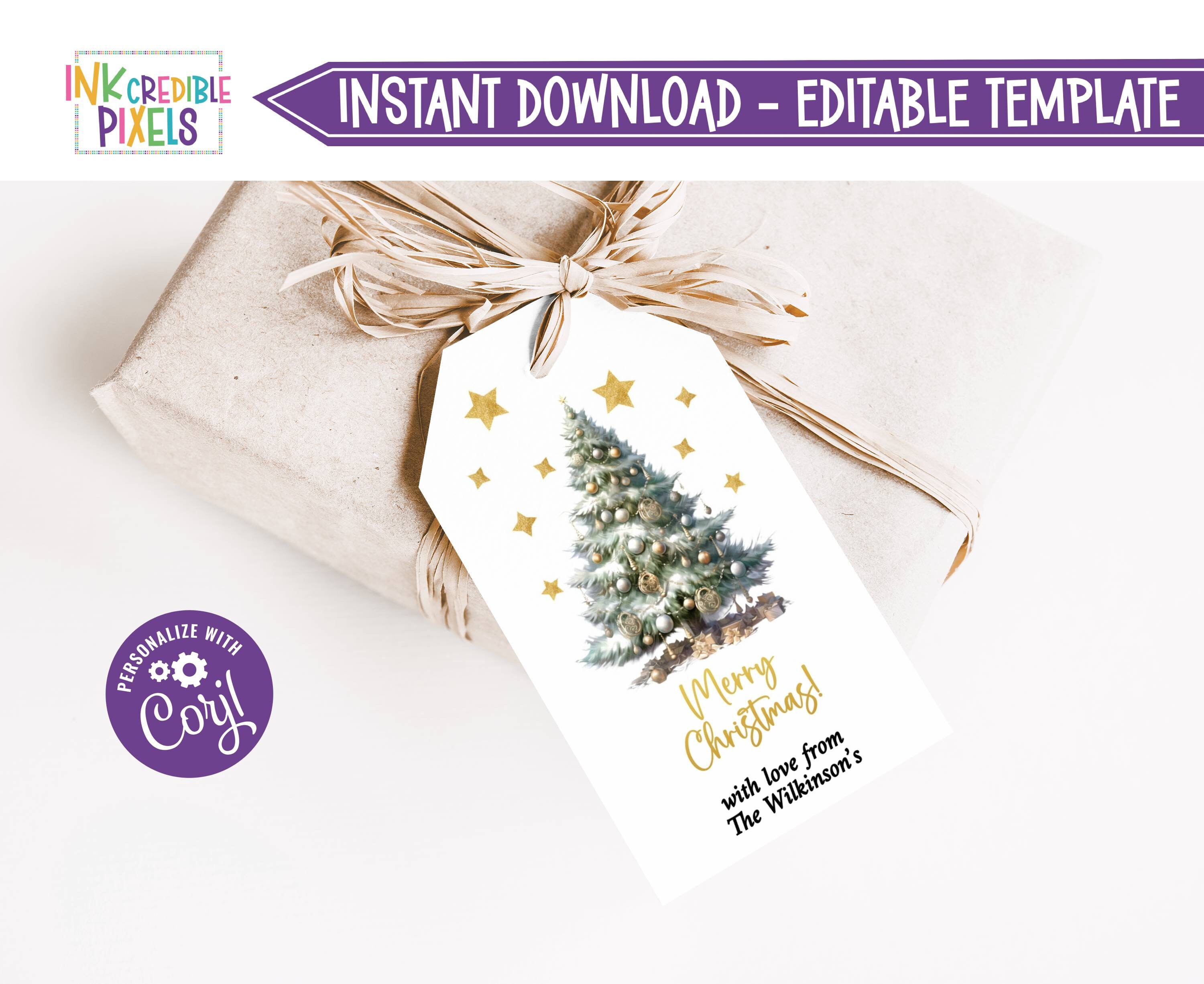 Printable Merry Christmas Gift Tag, Gold Christmas Tree Tag, Christmas ...