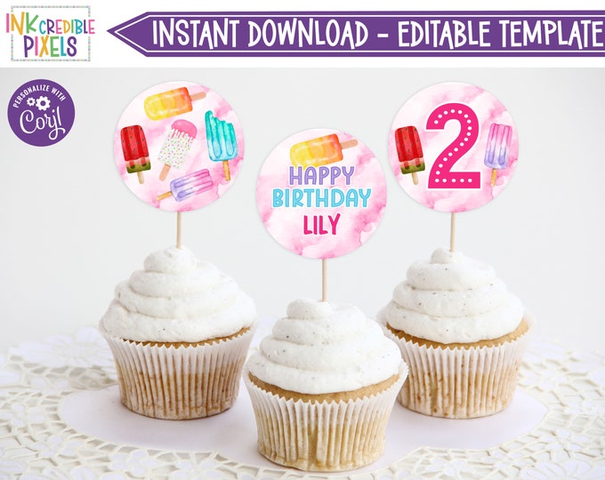Editable Popsicle Party Cupcake Toppers, Popsicle Birthday Cupcake ...