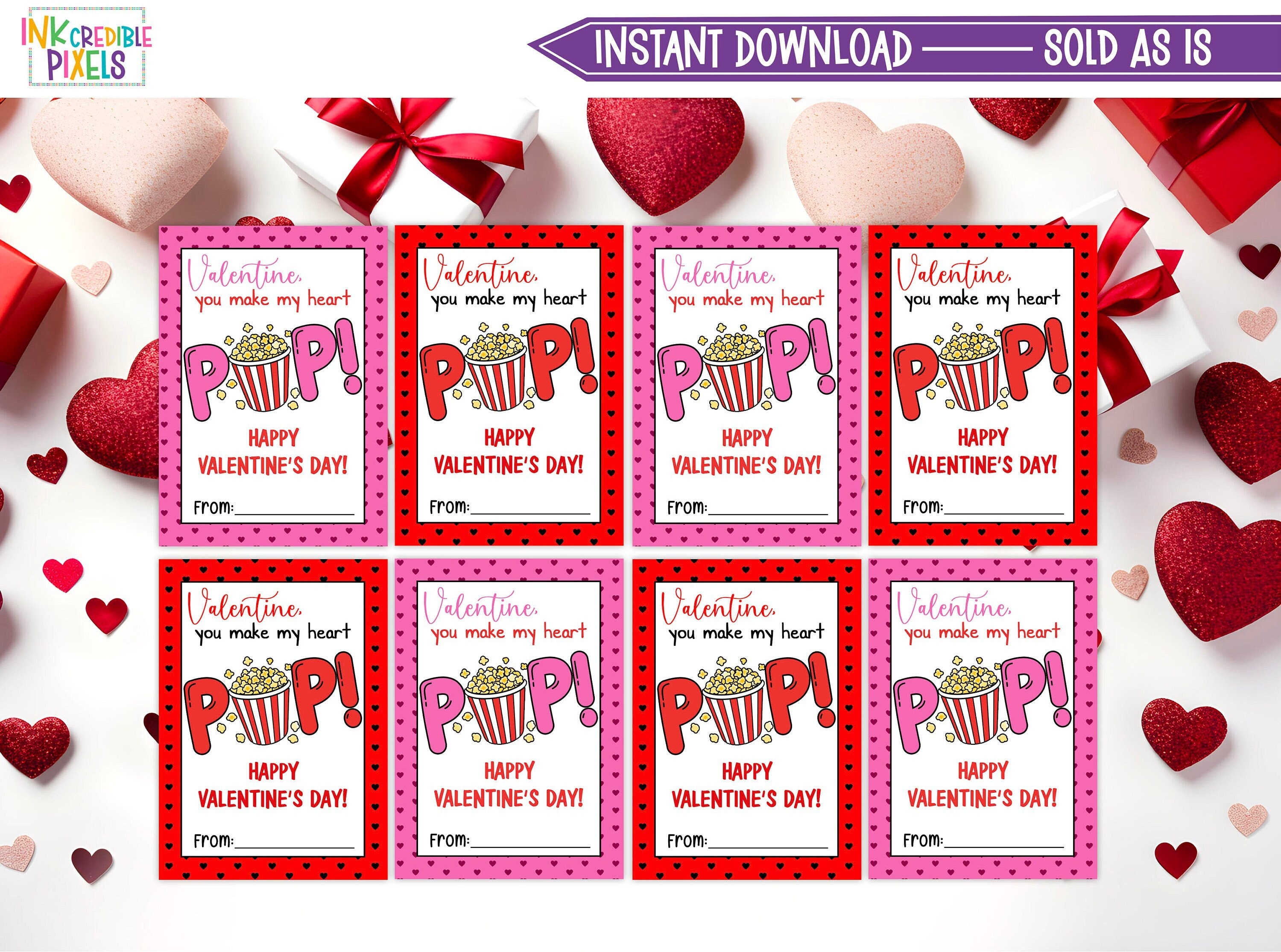 Printable Popcorn Valentine's Day Cards, Valentine's Day Gift Tags ...