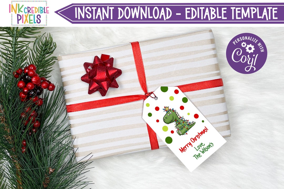 Printable Christmas Dinosaur Gift Tag, Dinosaur Tag, Dinosaur Gift Tag ...