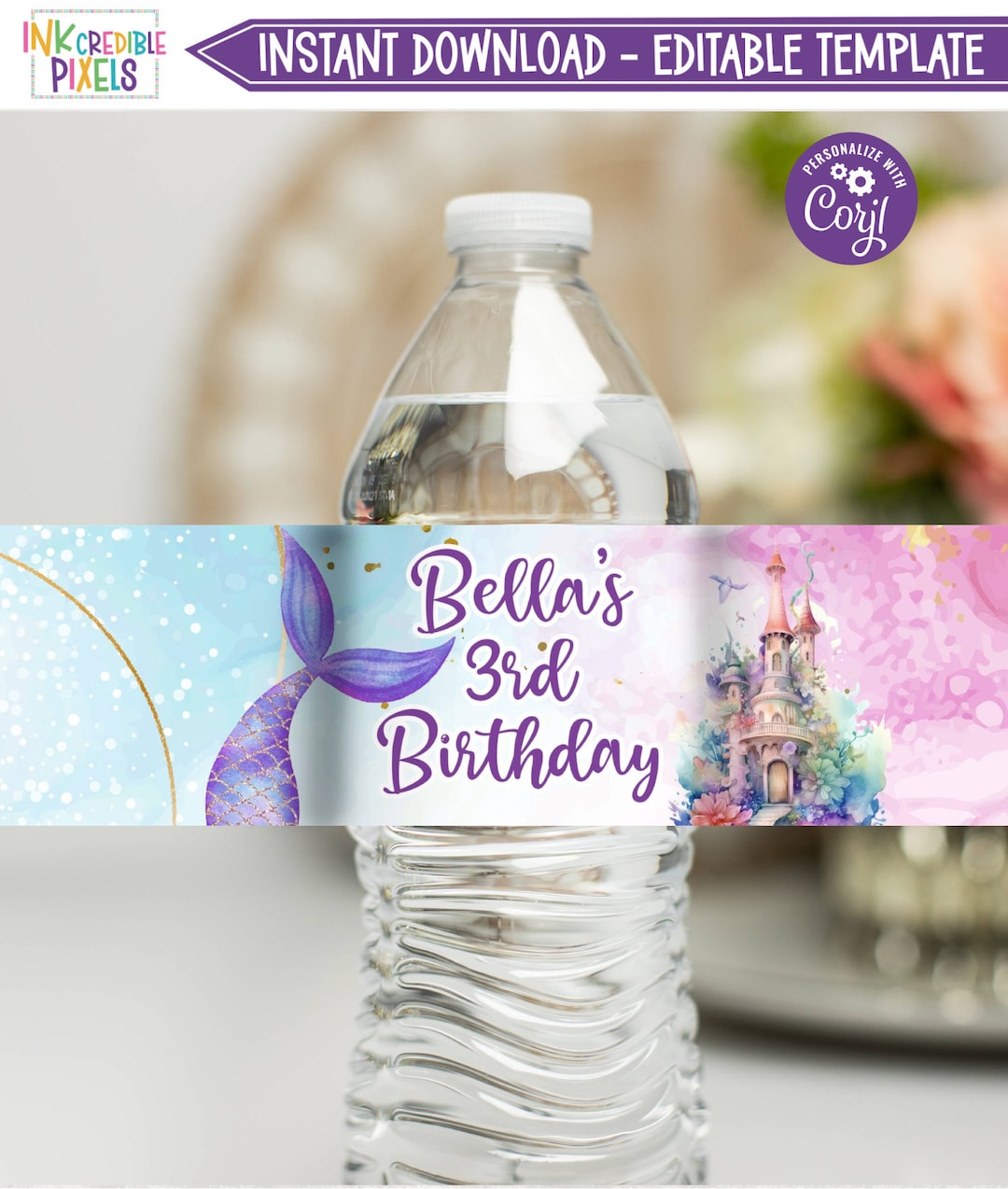 Editable Mermaid Water Bottle Label, Water Bottle Label, Mermaid Label ...