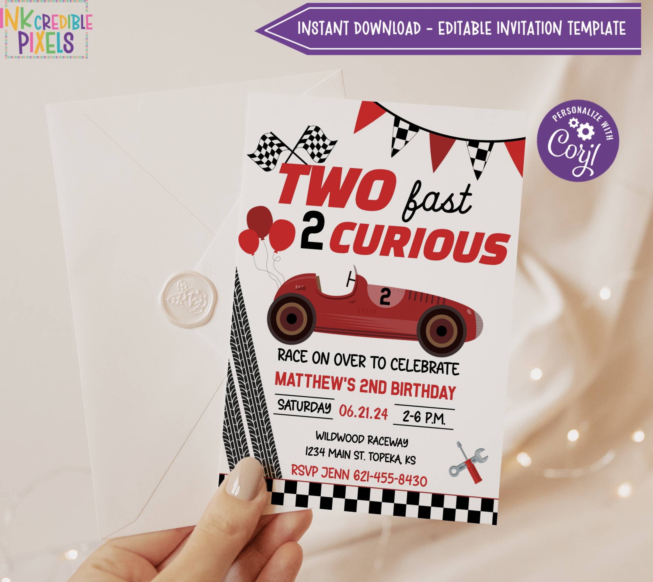Printable Two Fast 2 Curious Birthday Invitation, Two Fast Race Car ...