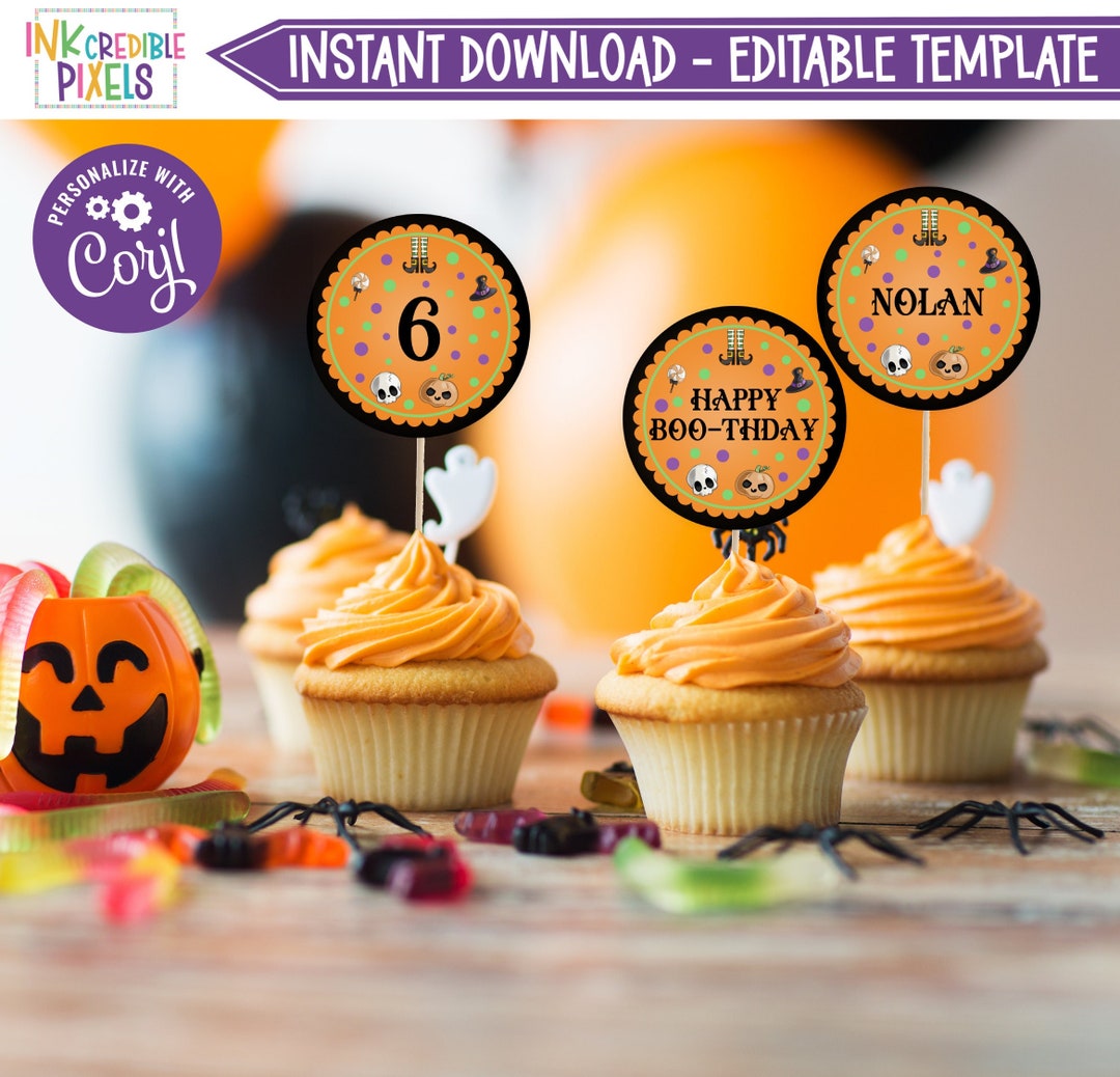Editable Halloween Party Cupcake Toppers, Halloween Birthday Cupcake ...