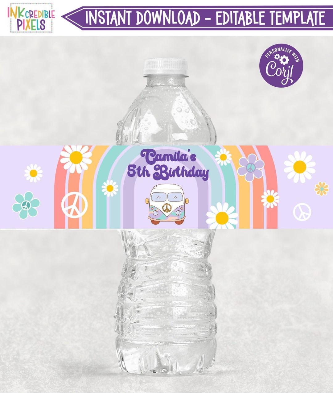 Editable Groovy Hippie Retro Birthday Party Water Bottle Label, 70's ...