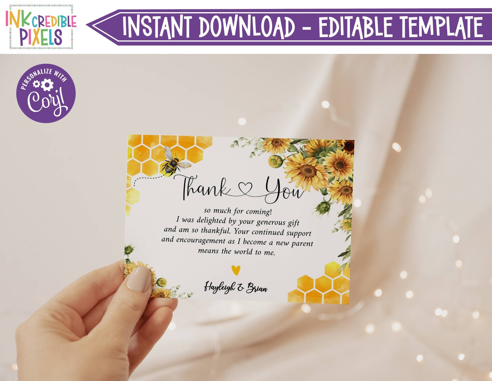 Editable Bee Thank You Card, Bee Thank You Note, Bumblebee Thank You ...