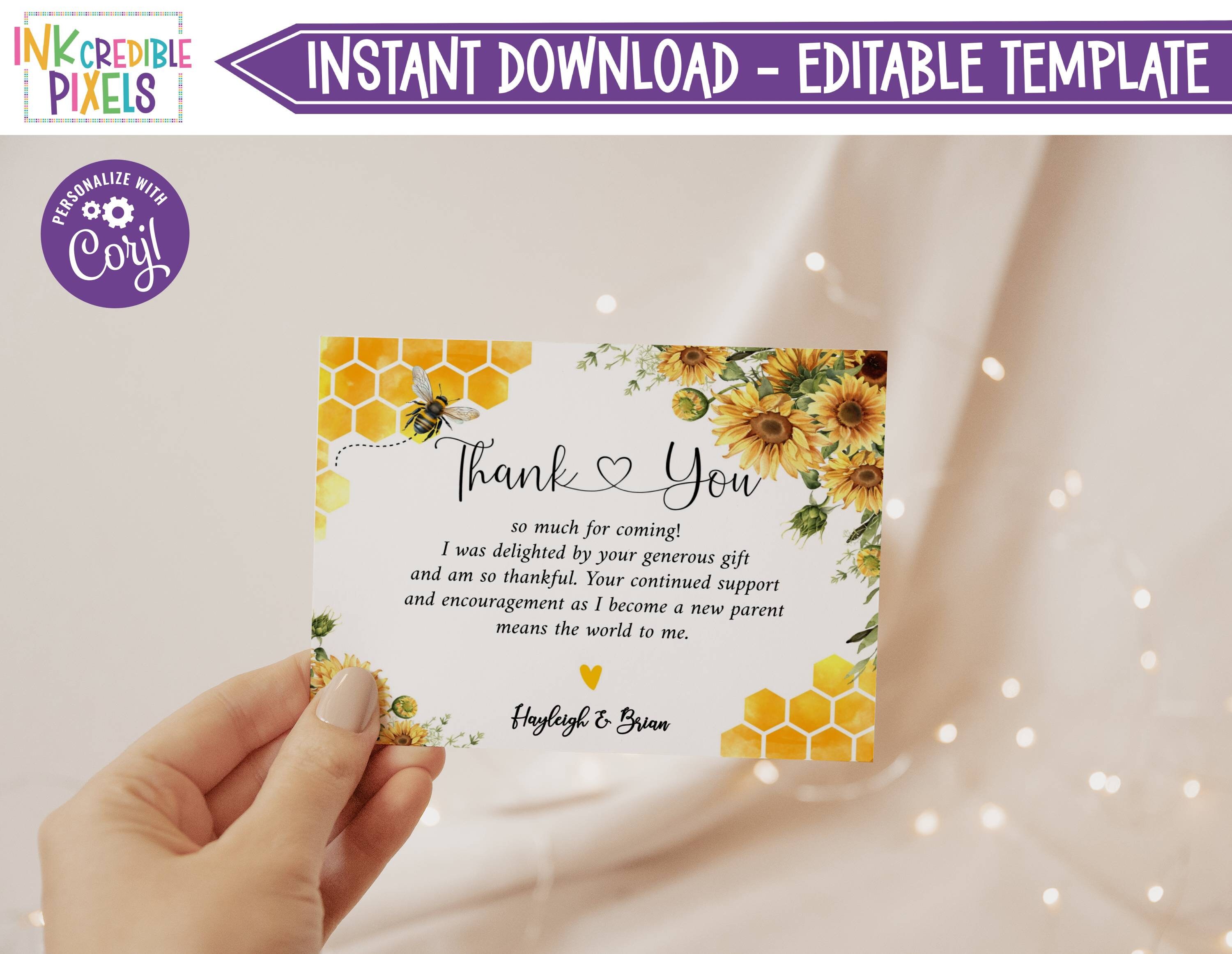 Editable Bee Thank You Card, Bee Thank You Note, Bumblebee Thank You ...