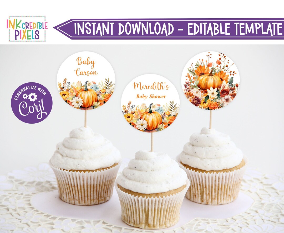 Editable Pumpkin Cupcake Toppers, Pumpkin Baby Shower Cupcake Toppers ...