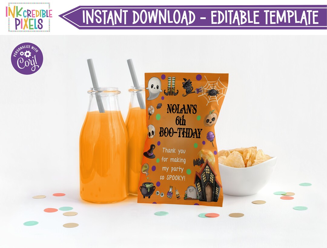 Editable Halloween Chip Bag Wrapper, Halloween Birthday Chip Bag ...