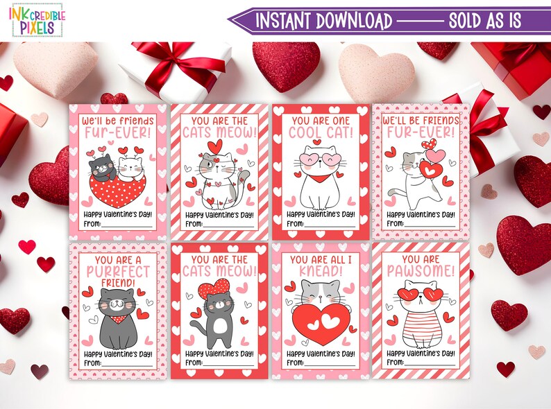 Printable Cat Valentine's Day Cards, Valentine's Day Gift Tags ...