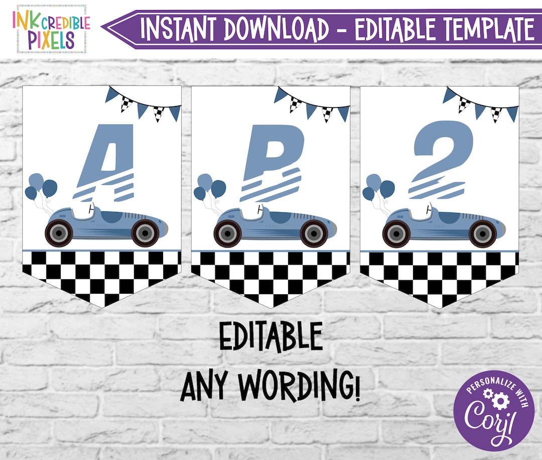 Editable Two Fast Happy Birthday Banner, Race Car Birthday Bunting ...