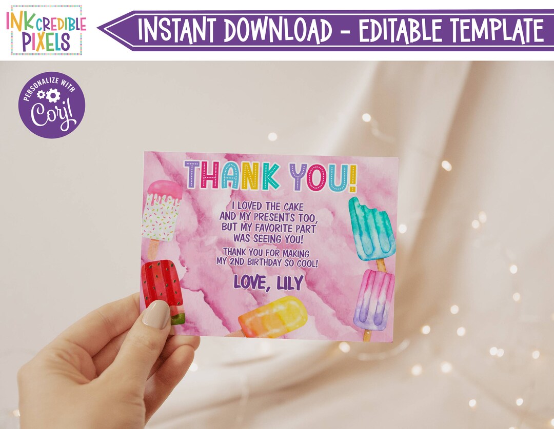 Editable Popsicle Thank You Card, Popsicle Thank You Note, Summer Thank ...