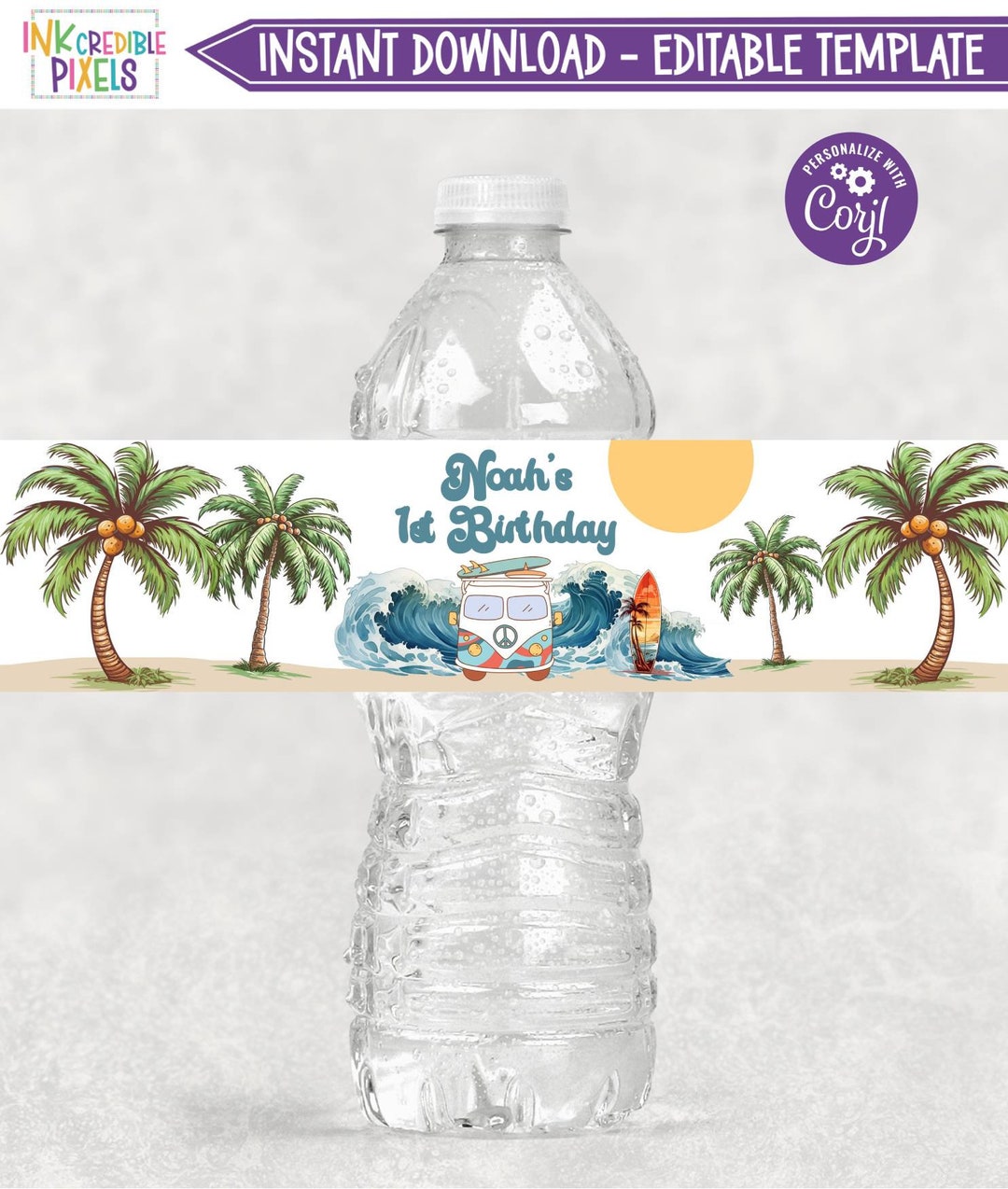 Editable the Big One Surfing Water Bottle Label, Summer Beach Surf ...