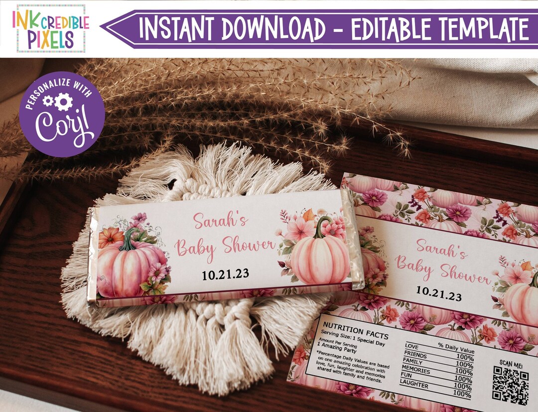 Editable Pumpkin Candy Bar Wrapper, Pumpkin Baby Shower Chocolate Bar ...