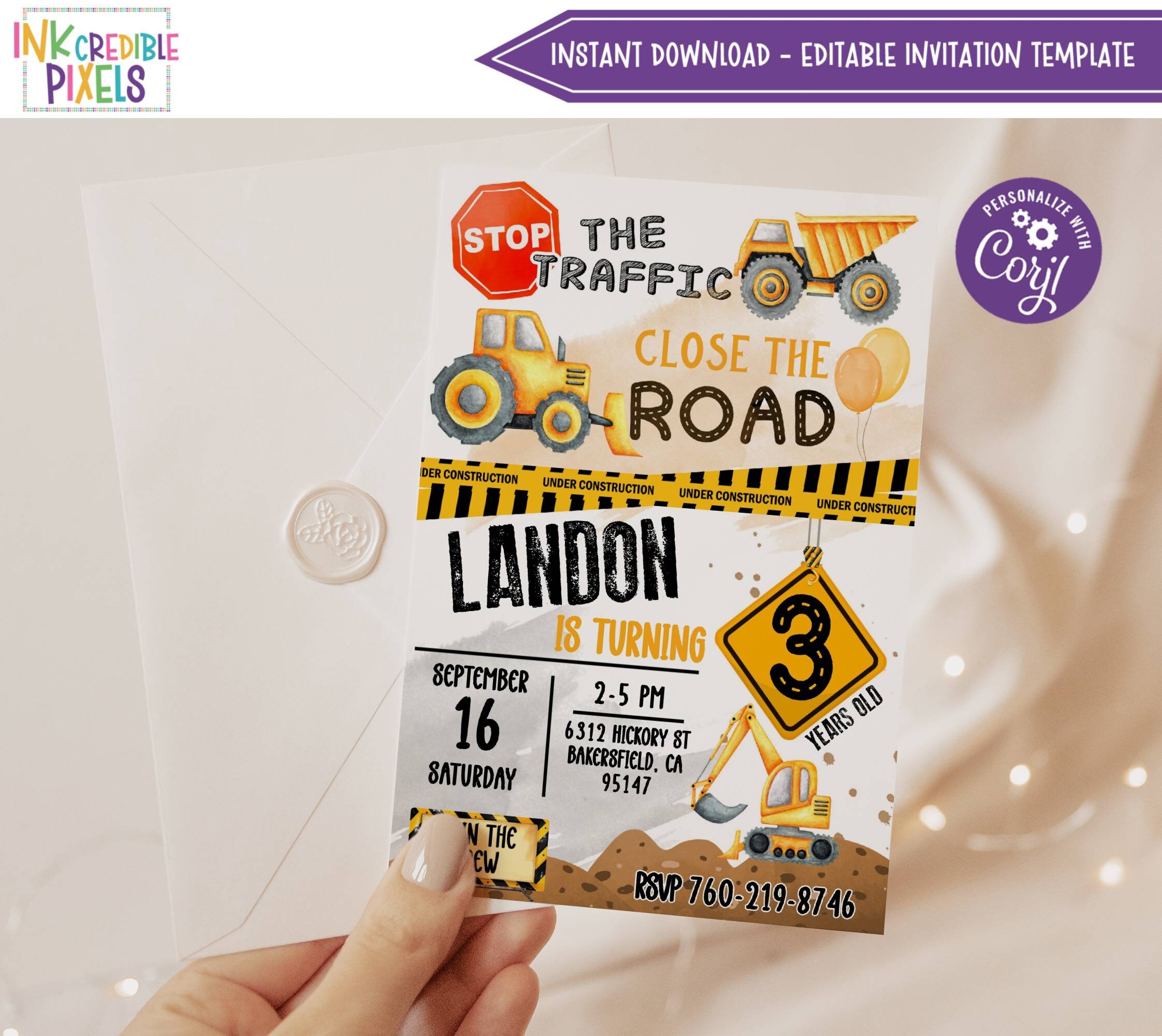 Printable Construction Invitation, Construction Birthday Invitation ...