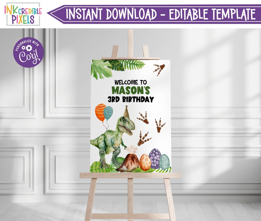 Printable Dinosaur Birthday Welcome Sign, T-rex Party Welcome Sign ...