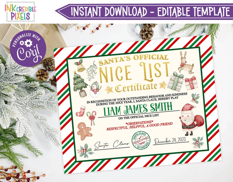 Editable Nice List Certificate From Santa Claus Printable - Etsy