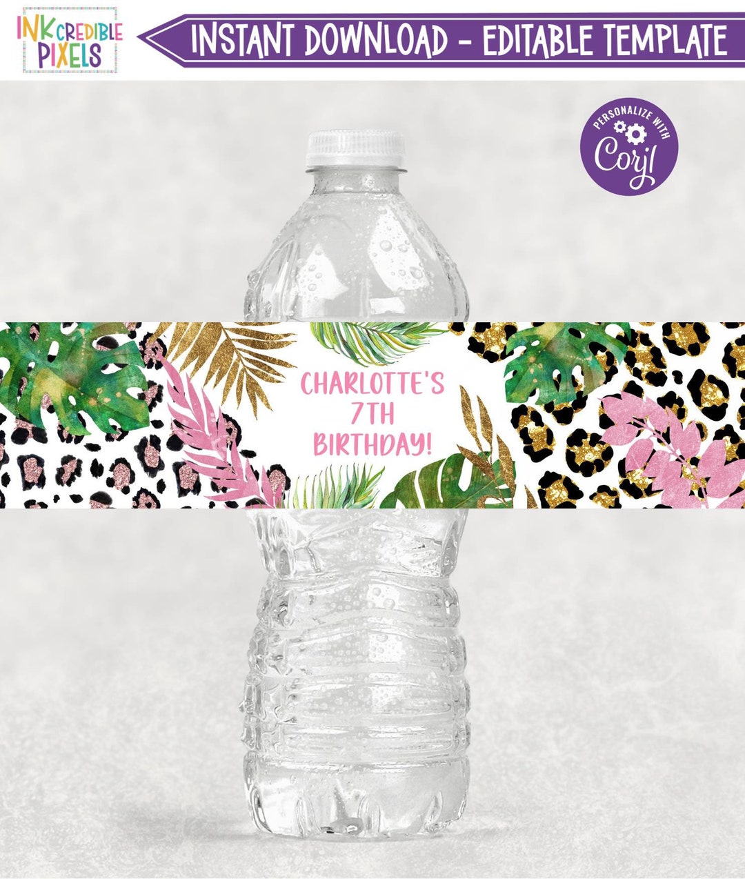 Editable Two Wild Leopard Print Jungle Water Bottle Label, Jungle Party ...