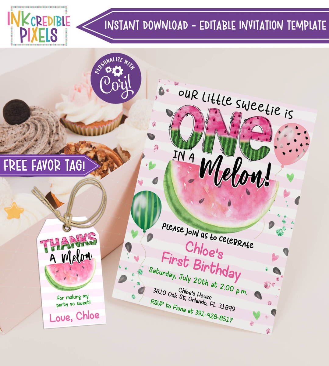 Printable Watermelon Birthday Invitation, One in a Melon 1st Birthday ...