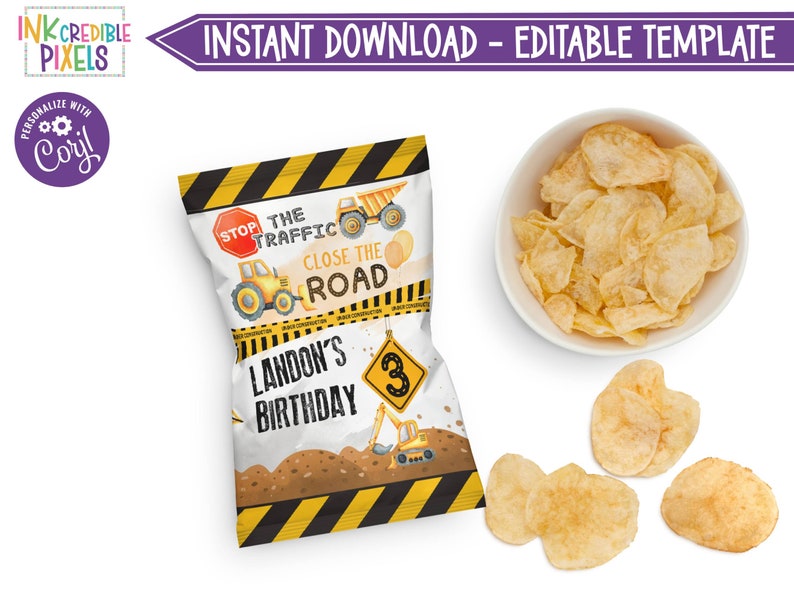 Printable Construction Chip Bag Wrapper, Dump Truck Birthday Chip Bag ...