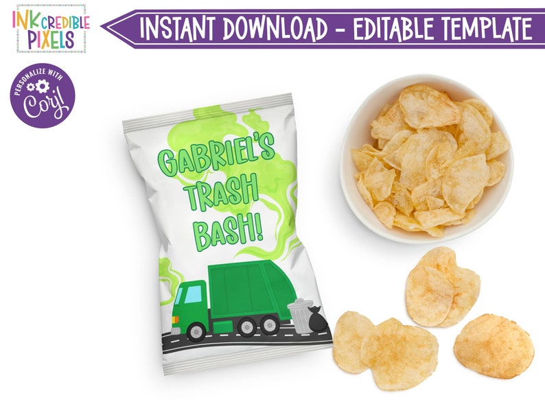Printable Garbage Truck Chip Bag Wrapper, Garbage Trash Bash Birthday ...