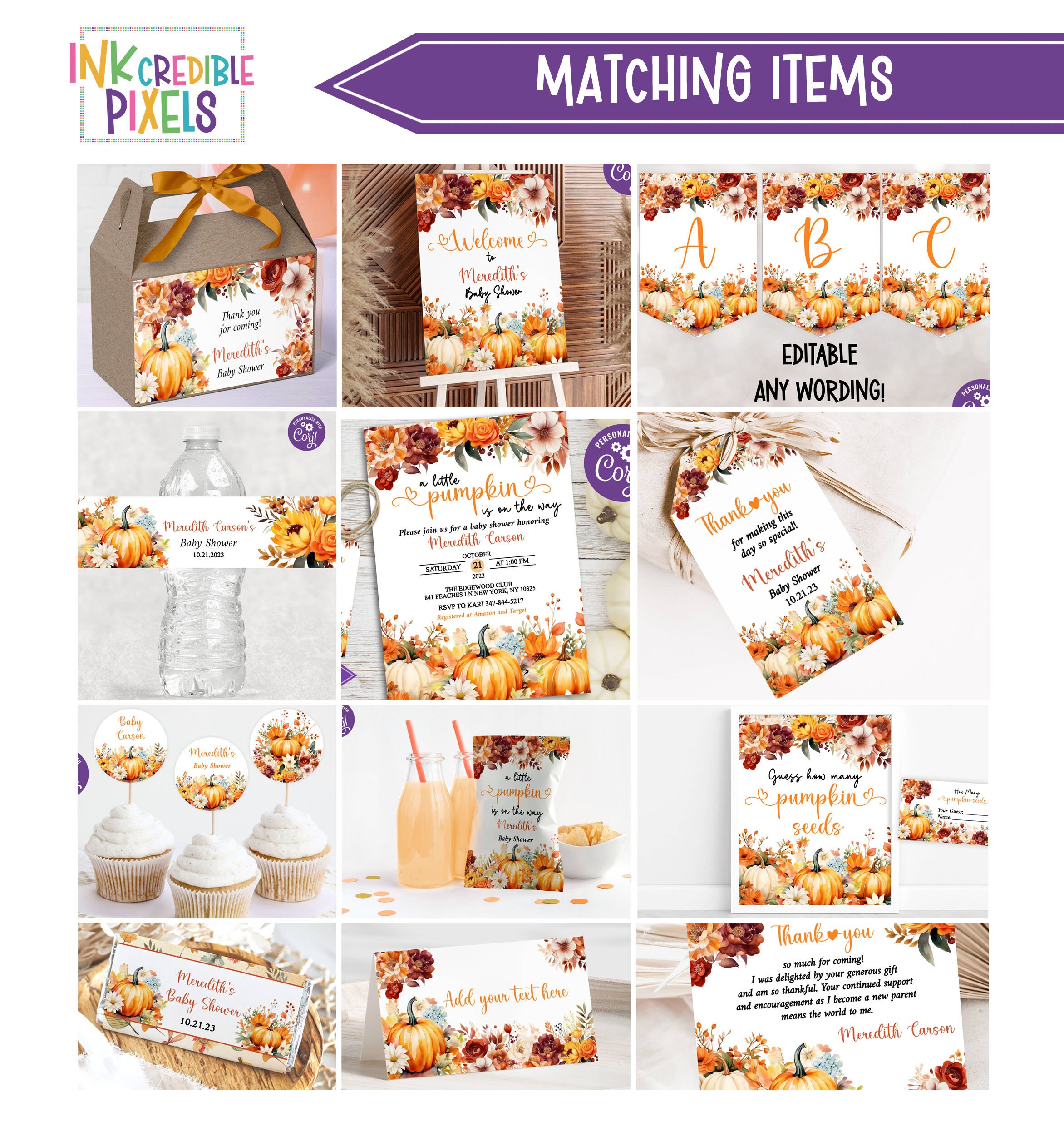 Editable Pumpkin Food Tent Card, Fall Baby Shower Party Buffet Food ...