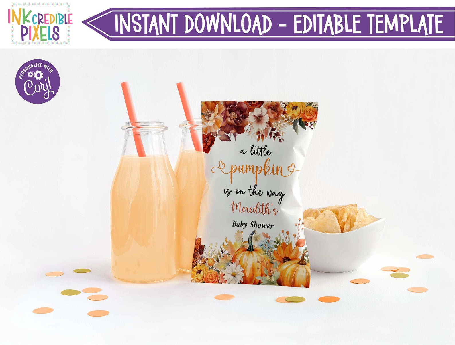 Editable Pumpkin Chip Bag Wrapper, Pumpkin Baby Shower Chip Bag Wrapper ...