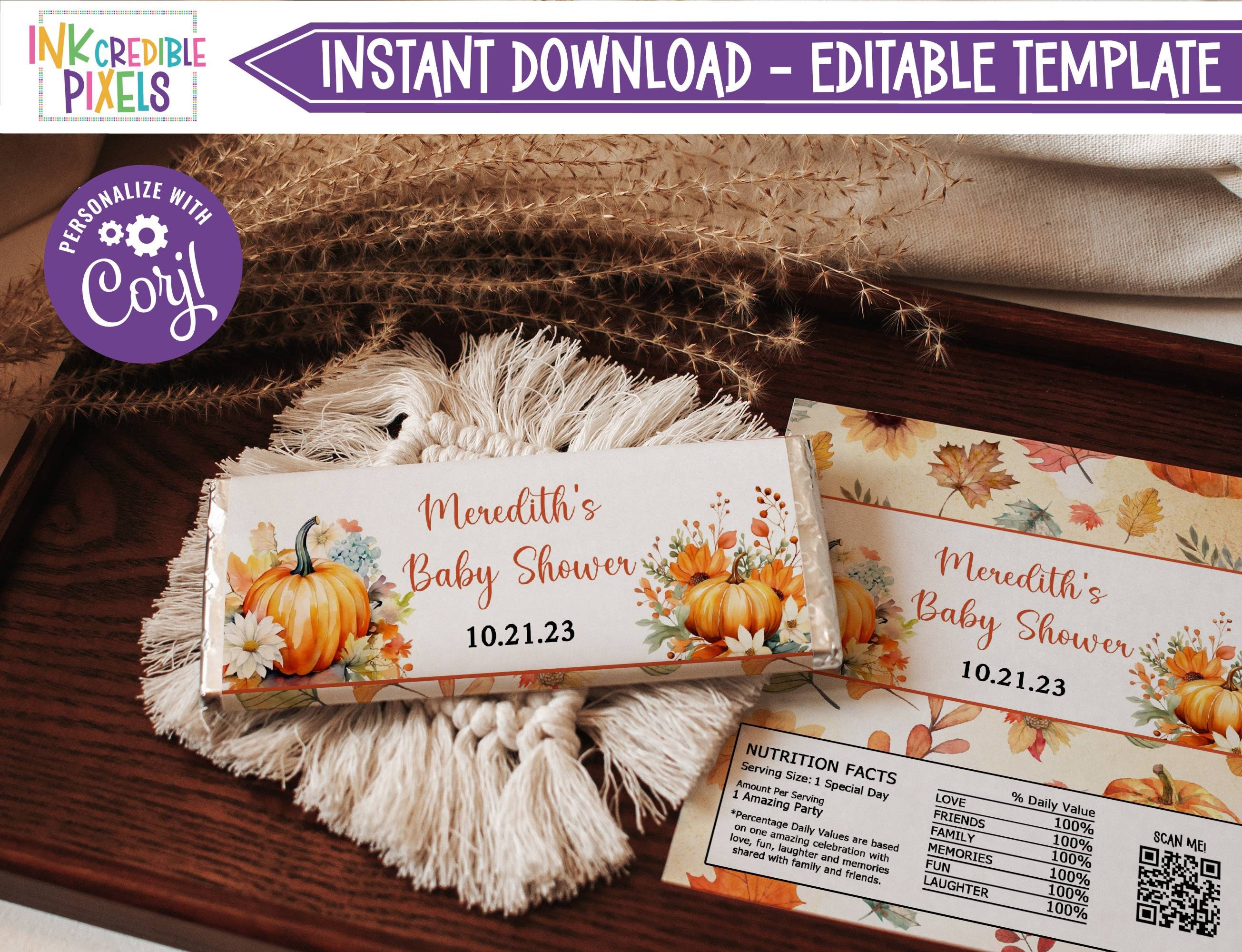 Editable Pumpkin Candy Bar Wrapper, Pumpkin Baby Shower Chocolate Bar ...