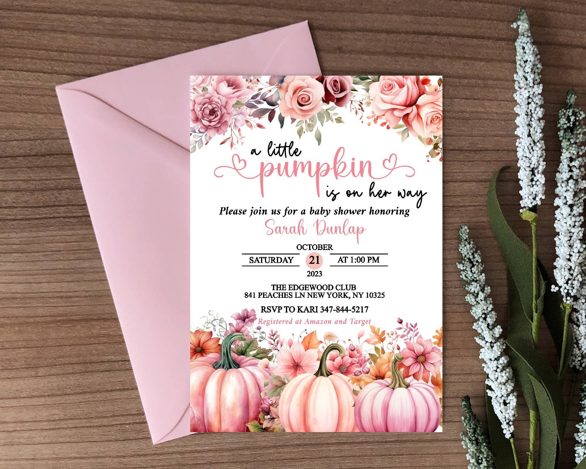 Printable Pink Pumpkin Baby Shower Invitation, Fall Pumpkin Baby Shower ...